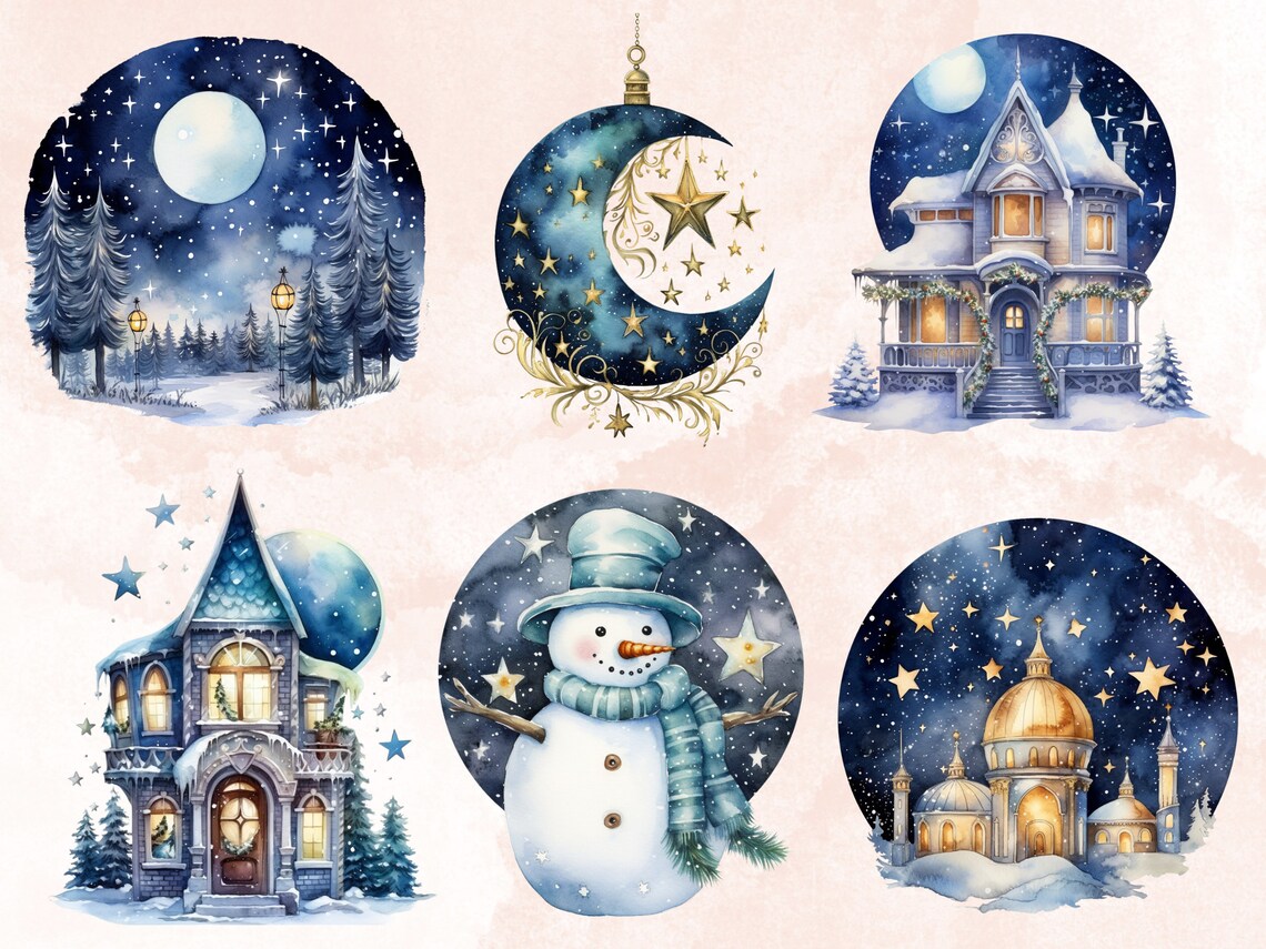 50 PNG Watercolour Celestial Christmas Clipart, Fantasy Christmas Sky ...