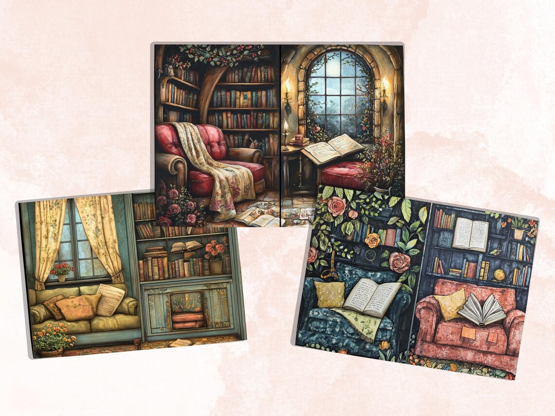 Cozy Reading Corner Junk Journal Kit, Comfy Reading Scenes Pages ...