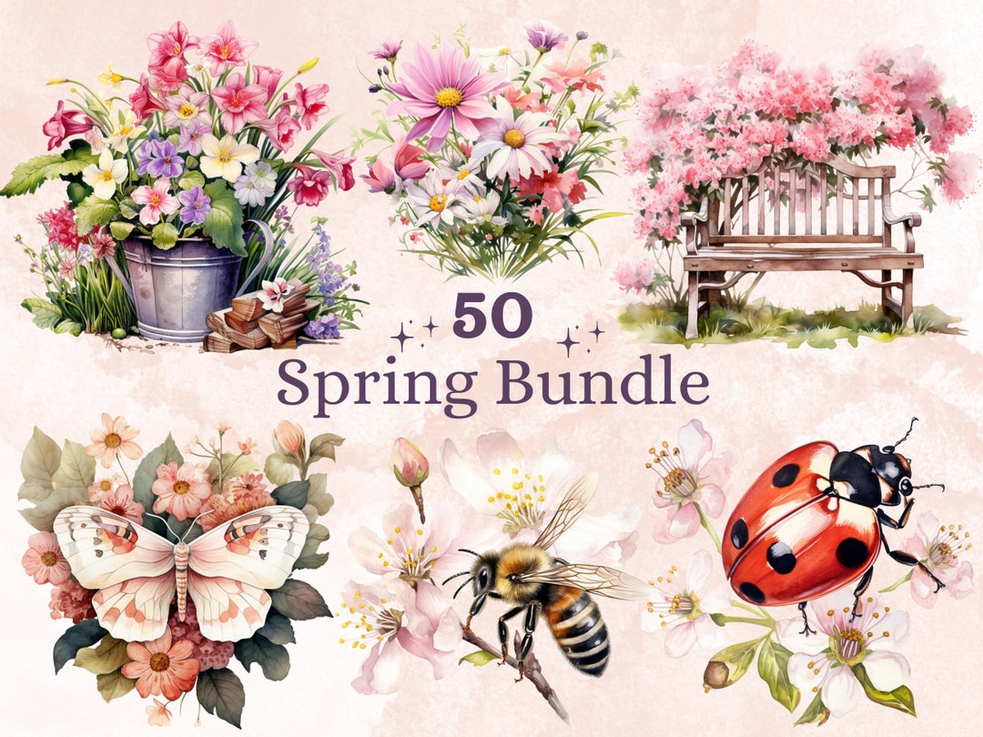 50 PNG Watercolor Spring Bundle Clipart, Floral Spring Illustrations ...