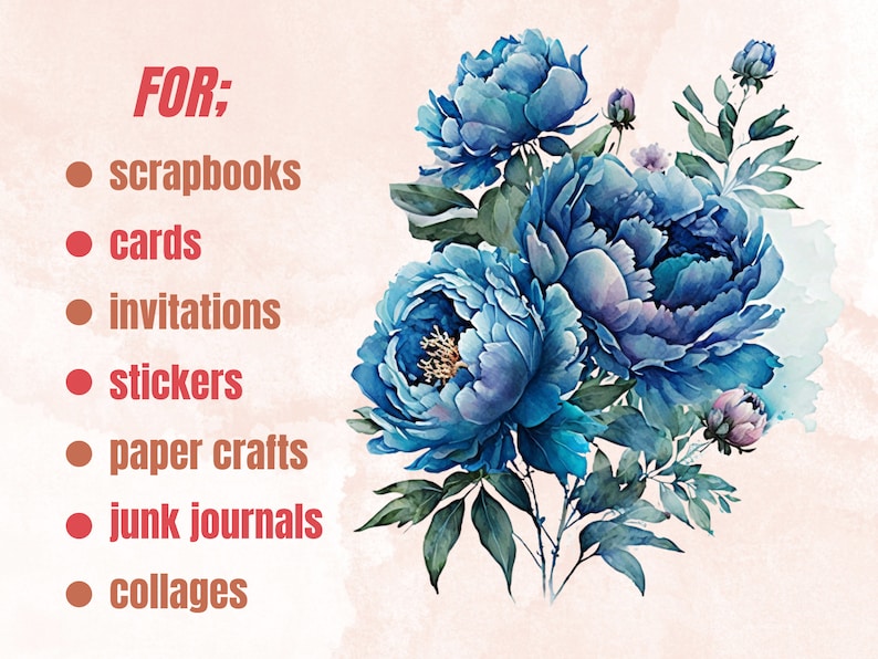 20 PNG Watercolor Blue Peonies Clipart, Blue & Navy Peony Clip Art ...