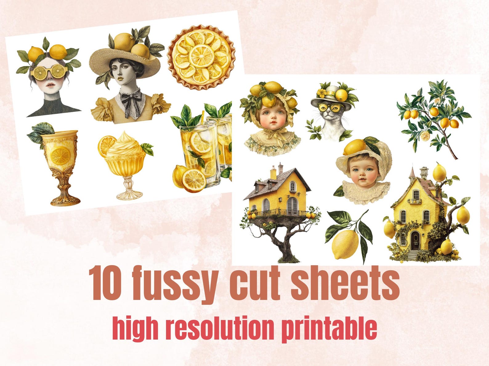 Whimsy Lemon Grove Collage Elements, Whimsical Lemon Fussy Cut, Surreal ...