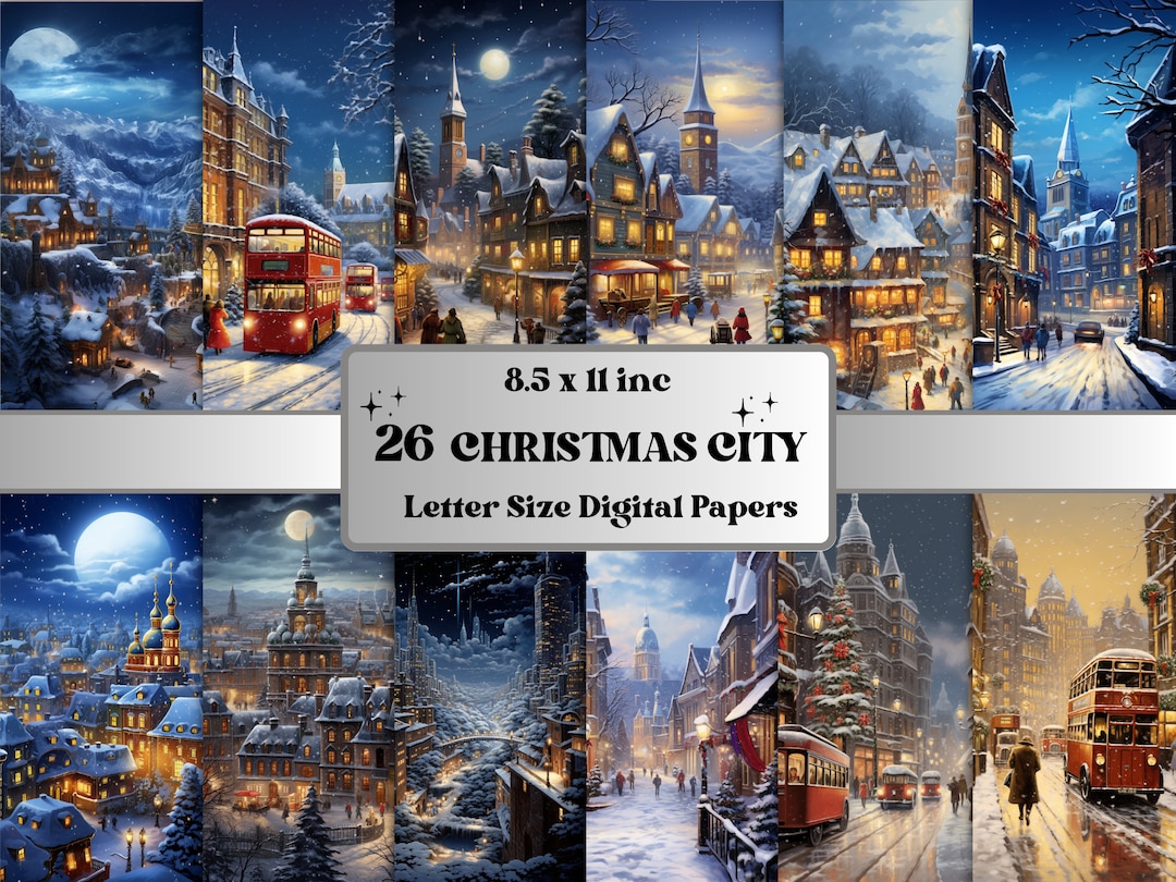 Printable Christmas City Digital Paper, Snowy Christmas Ephemera, Xmas ...