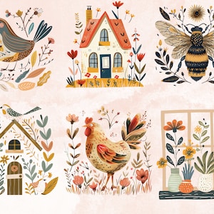 60 PNG Watercolor Spring Folk Art Clipart, Scandinavian Spring Animal ...