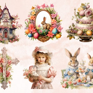 65 PNG Watercolor Victorian Easter Bundle Clipart, Vintage Easter Egg ...