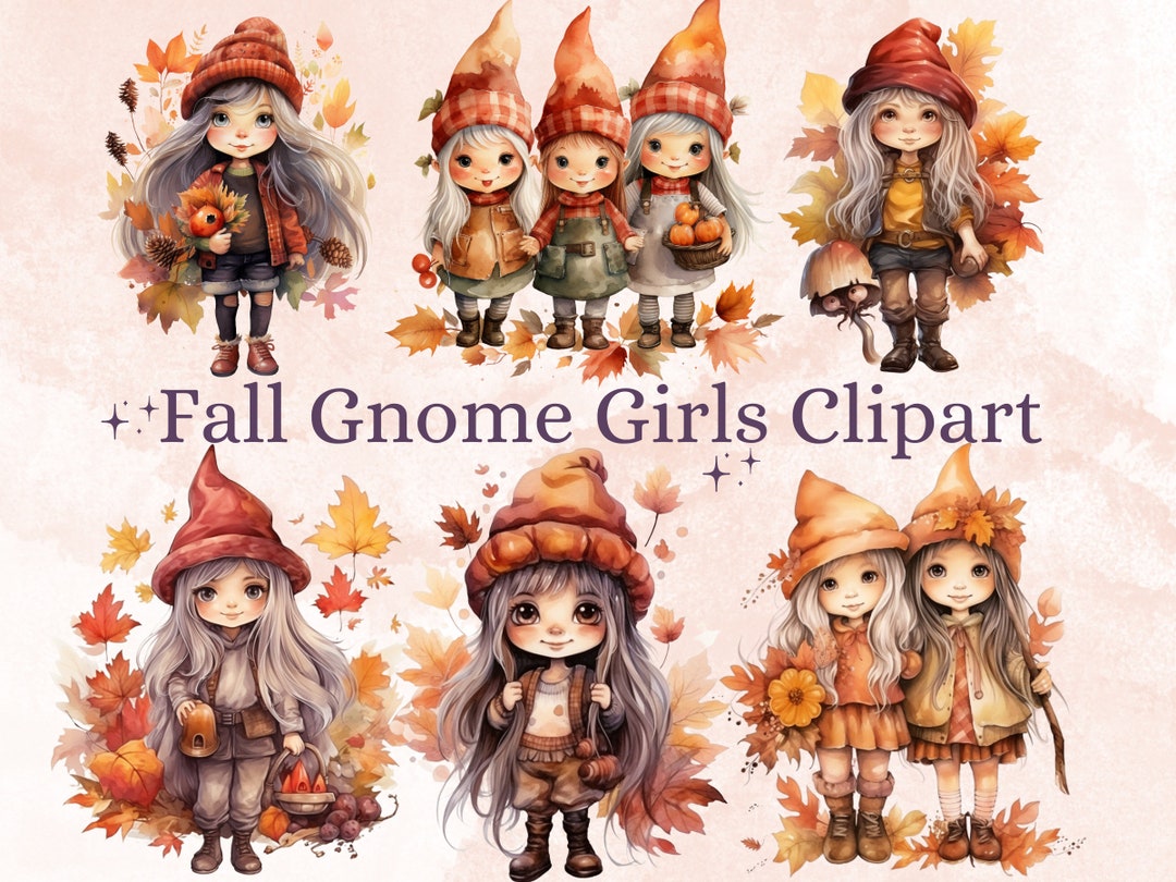 20 PNG Watercolor Fall Gnome Girls Clipart, Autumn Female Gnome ...