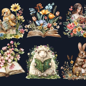 50 PNG Watercolor Spring Reading Clipart, Floral Spring Book ...