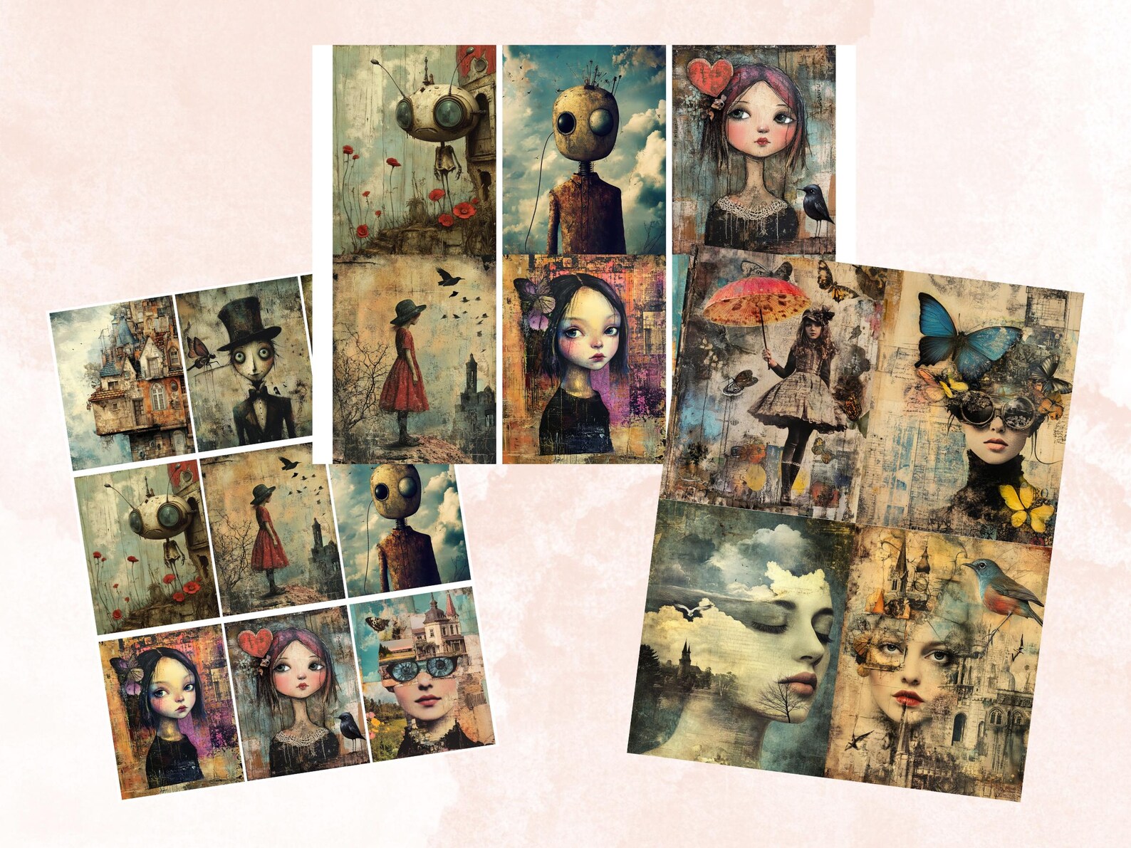 Whimsy Grunge Collage Paper Kit, Surreal Grunge Mixed Media Sheet ...