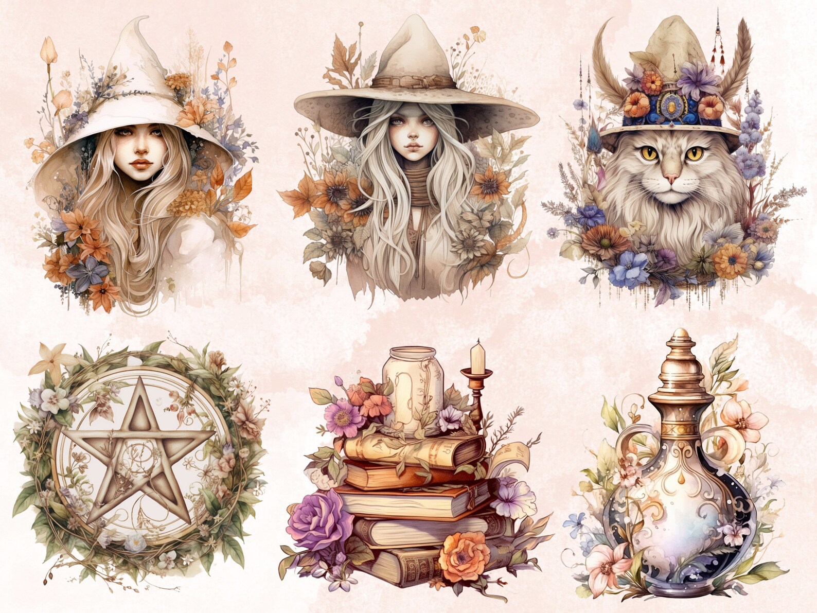34 PNG Watercolor Boho Witch Clipart, Bohemian Witchcraft Clip Art ...