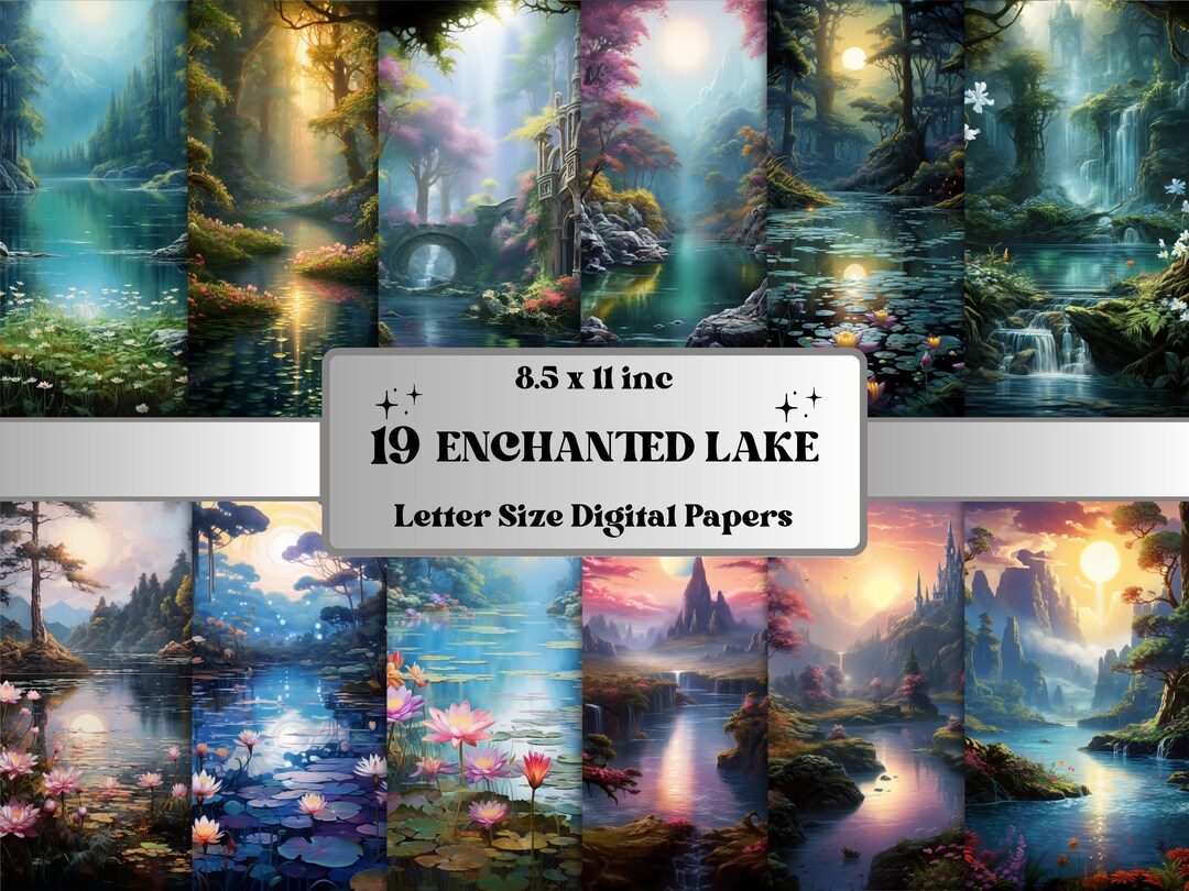 Printable Enchanted Lake Digital Paper, Forest Lake Background ...