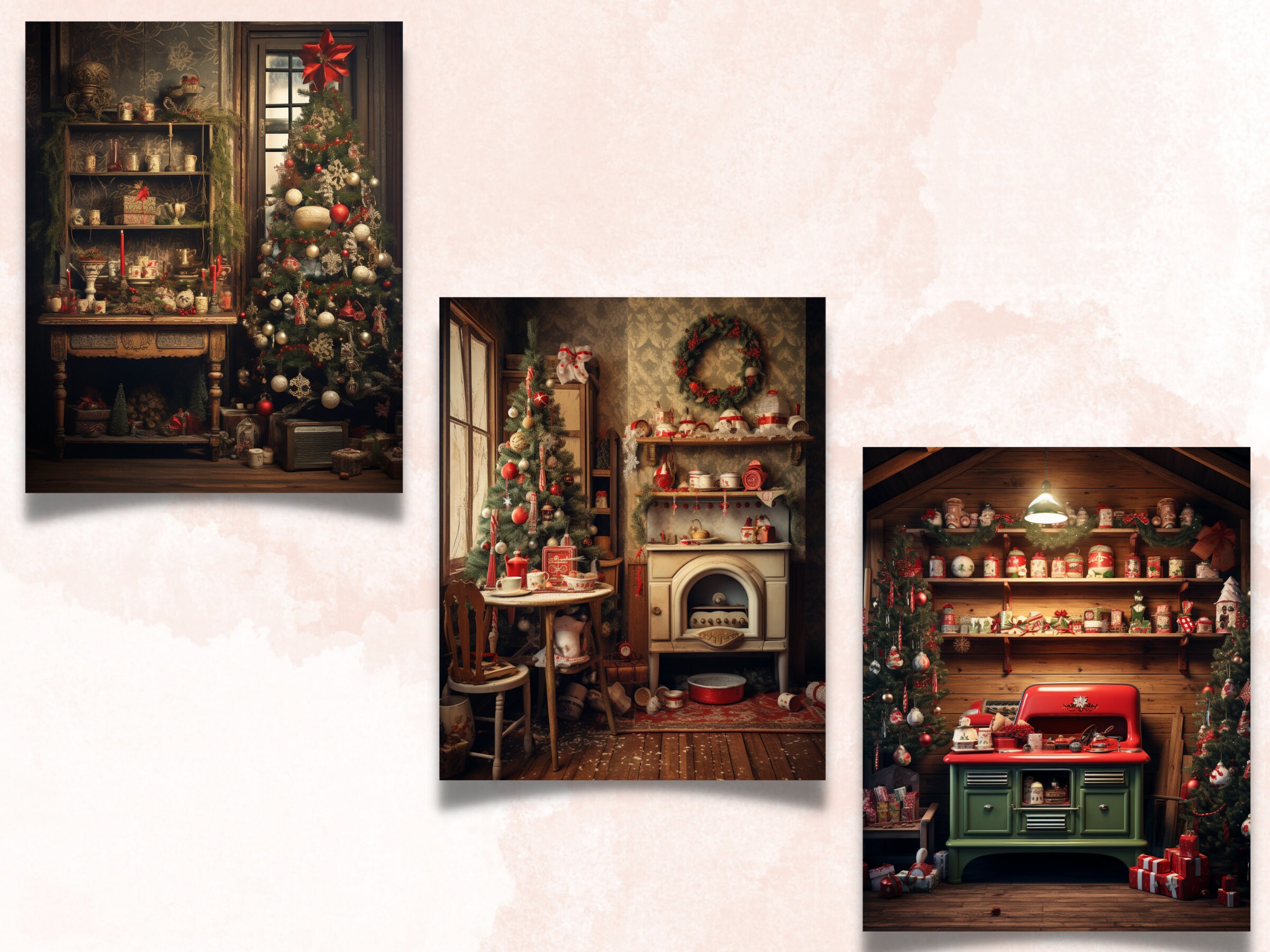 Printable Vintage Christmas Interior Digital Paper, Christmas Holiday ...
