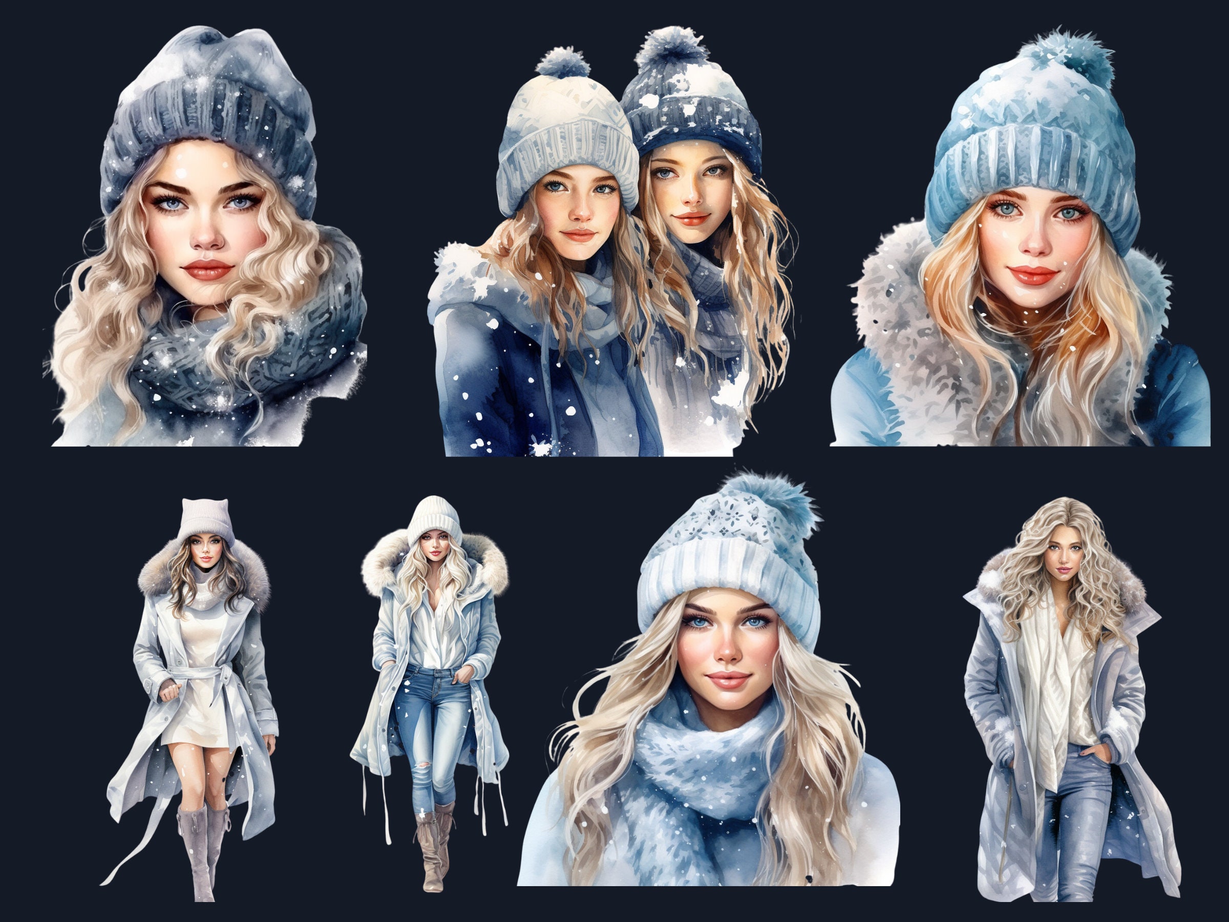 40 PNG Watercolor Winter Beauties Clipart, Cozy Winter Lady ...