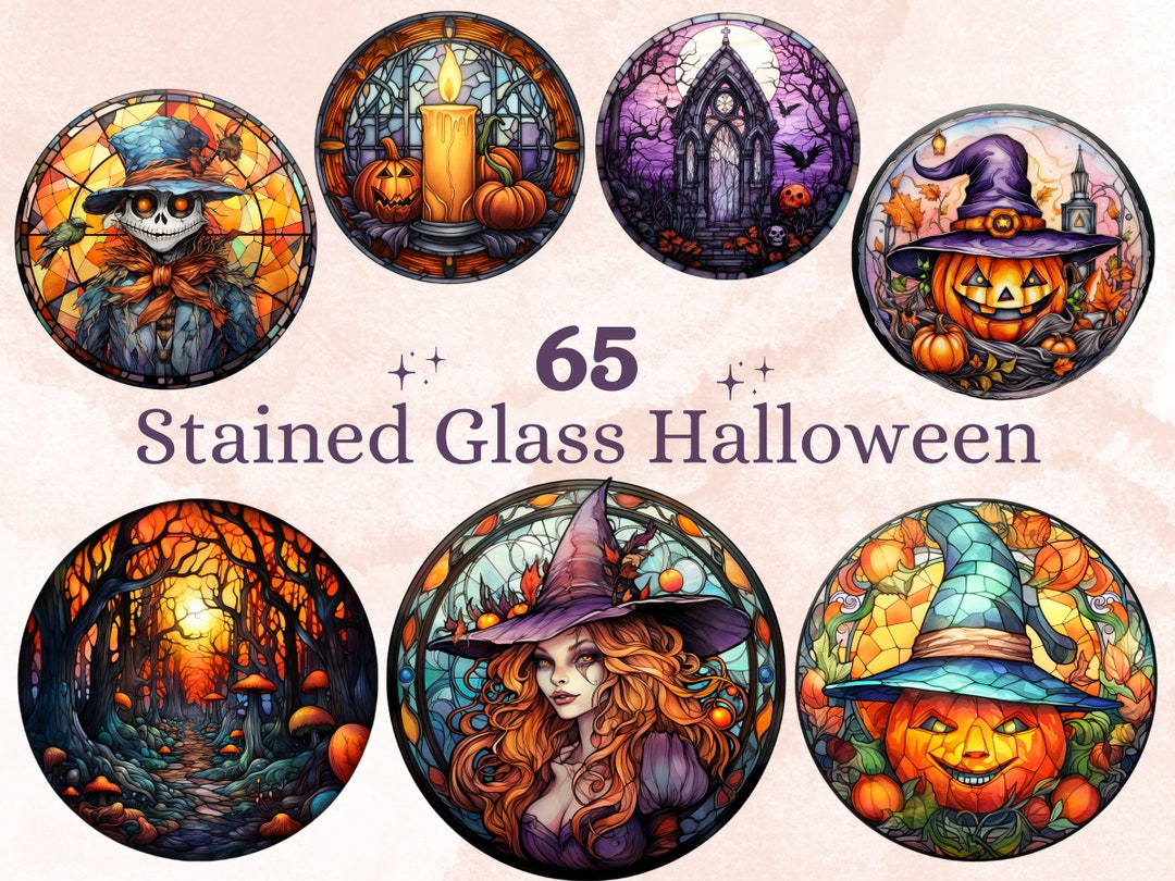 65 PNG Watercolor Round Stained Glass Halloween Big Bundle Clipart ...