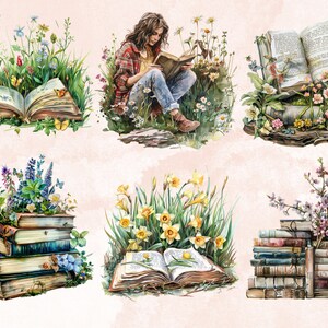 50 PNG Watercolor Spring Reading Clipart, Floral Spring Book ...