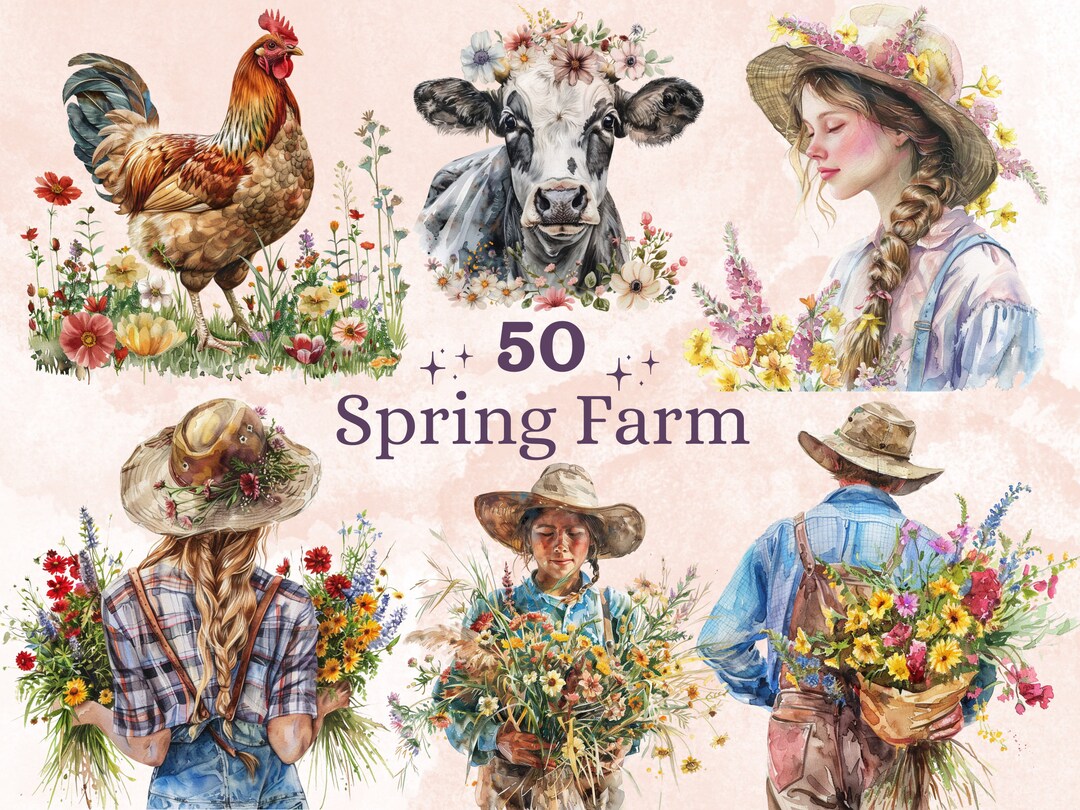 50 PNG Watercolor Spring Farm Clipart, Floral Spring Farmer ...