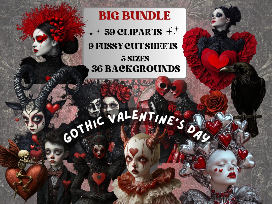 Gothic Valentines Day Collage Elements Kit, Whimsical Love Fussy Cut ...