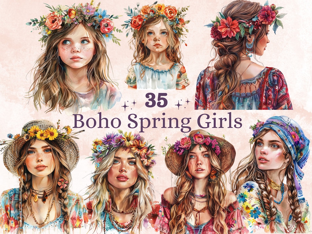 35 PNG Watercolor Boho Spring Girls Clipart, Floral Spring Woman ...