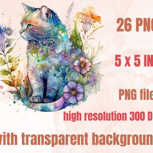 25 PNG Watercolor Floral Cats Clipart, Cat Clip Art Watercolour ...