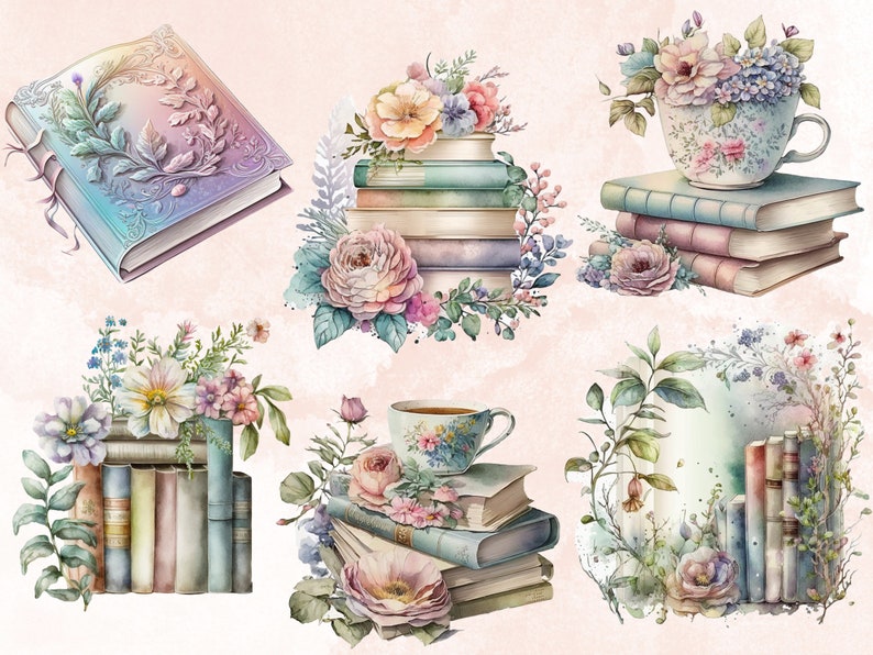 26 PNG Watercolour Pastel Books Clipart, Pastel Floral Book Clip Art ...