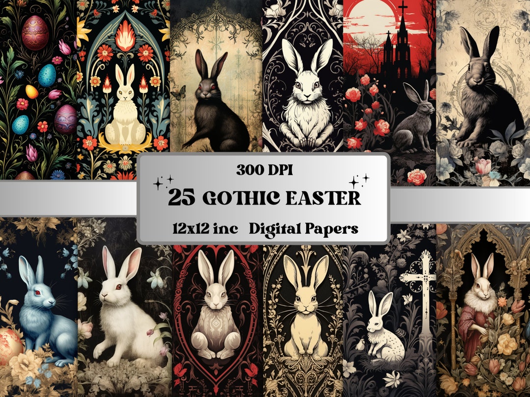 Printable Gothic Easter Digital Paper, Creepy Bunny Ephemera Collage ...