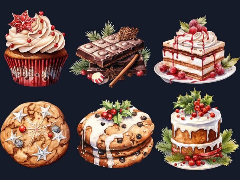 40 PNG Watercolor Christmas Dessert Clipart, Christmas Sweets Clip Art ...