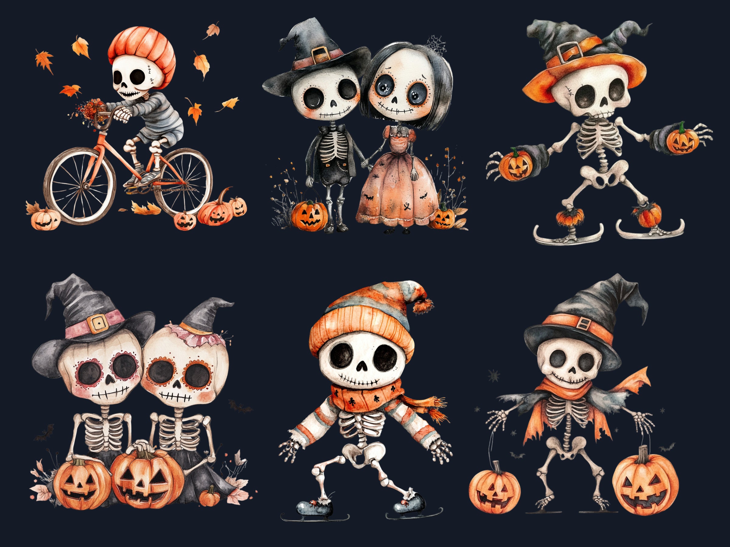 30 PNG Watercolor Cute Halloween Skeleton Clipart, Cute Creepy ...