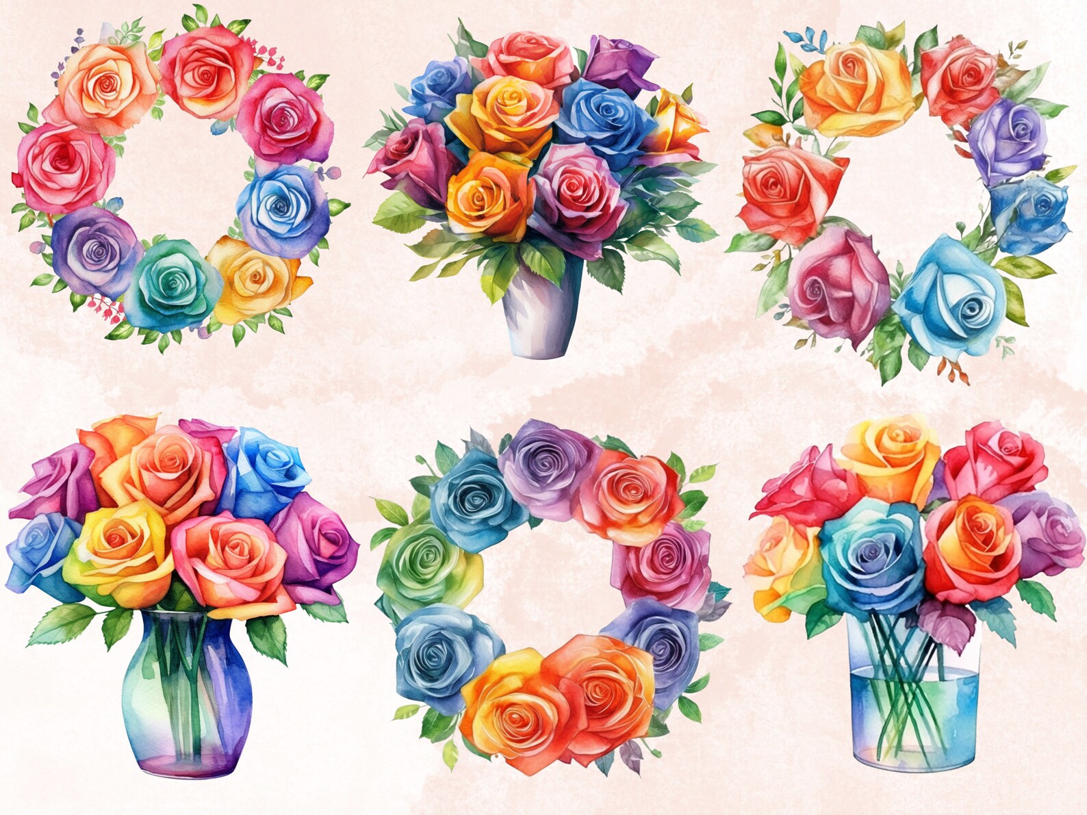 33 PNG Watercolor Rainbow Roses Clipart Bundle, Colorful Rose PNG Clip ...