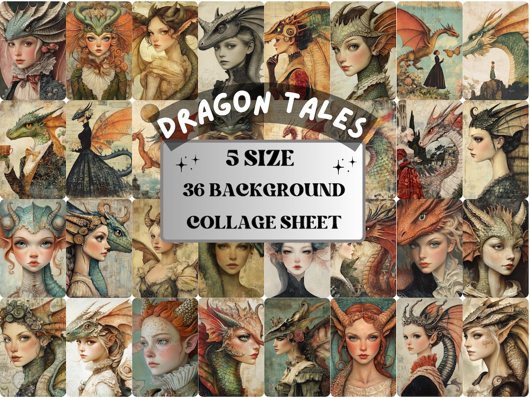 Dragon Tales Collage Paper, Surreal Quirky Dragon Mixed Media Sheet ...