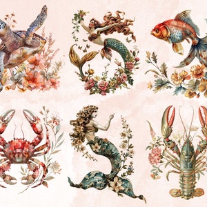 40 PNG Watercolor Vintage Under the Sea Clipart, Retro Ocean Floral ...