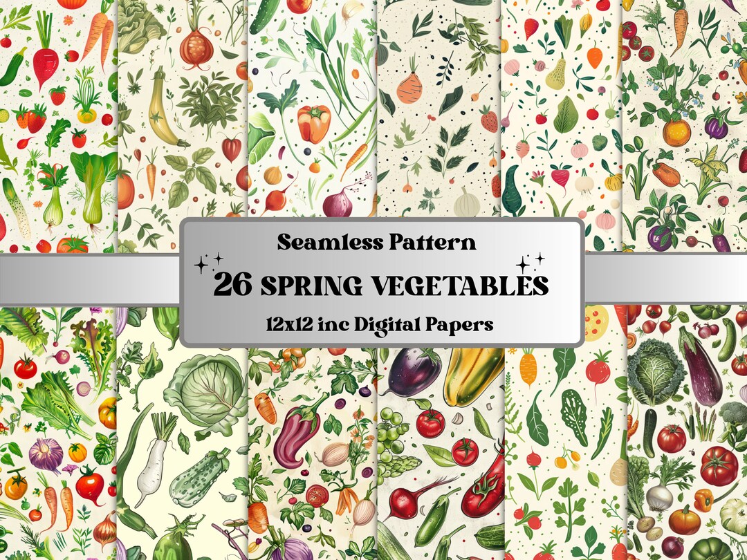 Seamless Spring Vegetables Digital Paper, Botanical Seamless Pattern ...