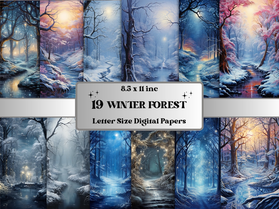 Printable Enchanted Winter Forest Digital Paper, Snow Forest Background ...