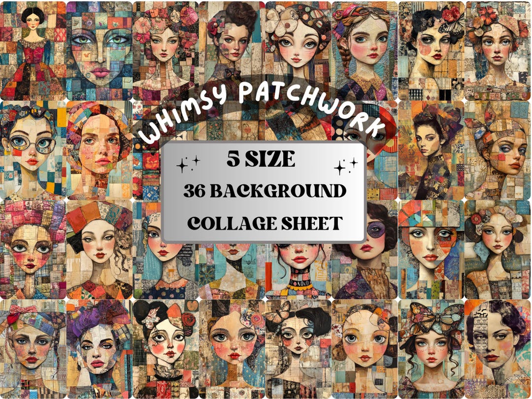 Whimsy Patchwork Collage Paper, Surreal Patchwork Mixed Media Art Sheet ...