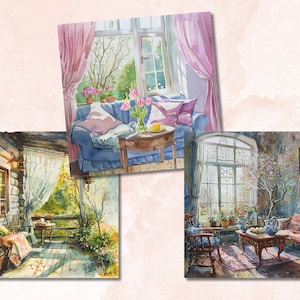 Printable Watercolor Spring Scenes Digital Paper, Cozy Spring ...