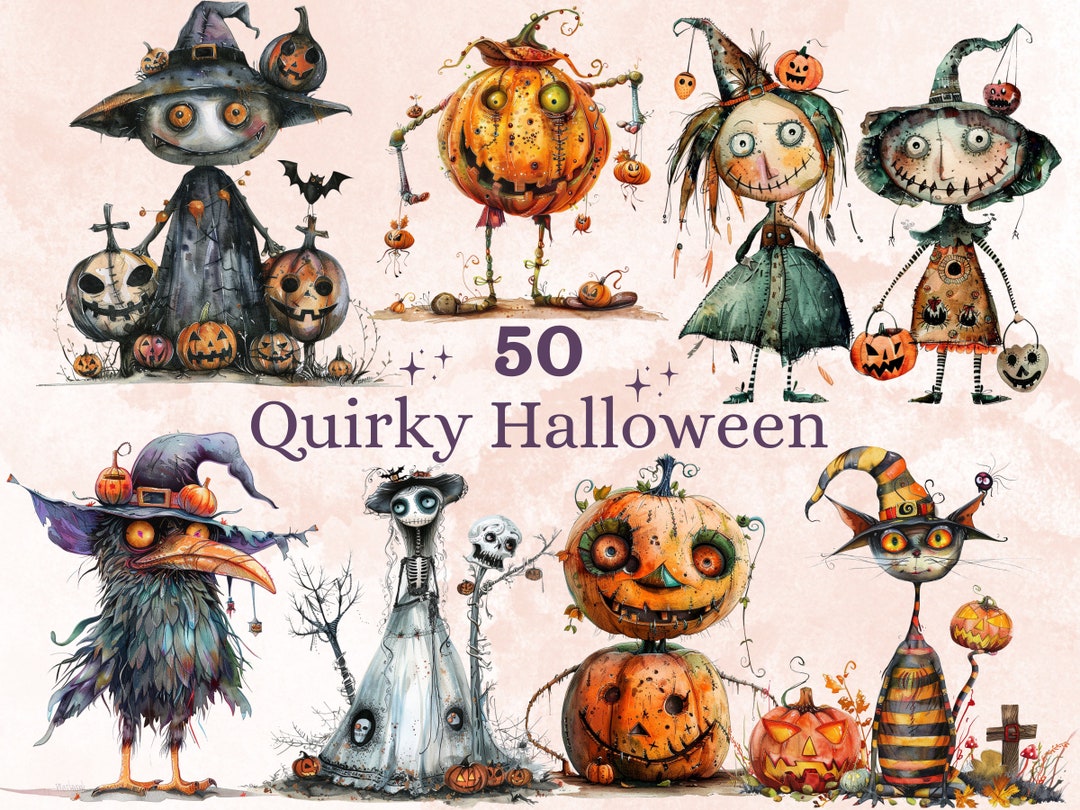 50 PNG Watercolor Quirky Halloween Bundle Clipart, Whimsical Halloween ...