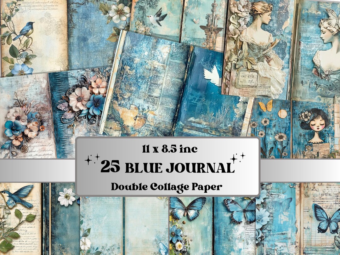Blue Junk Journal Kit, Blue Pages Ephemera, Whimsical Collage Sheet ...