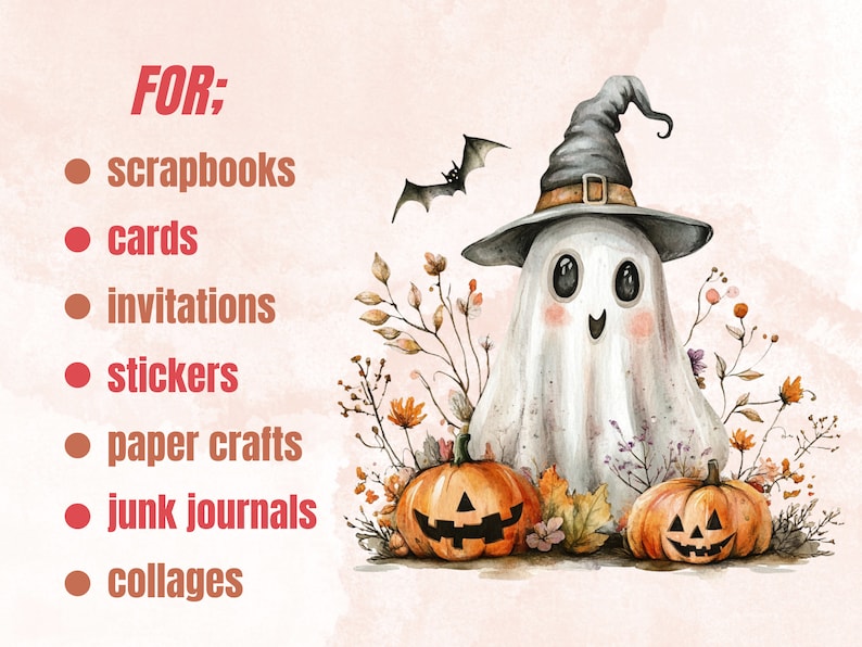 25 PNG Watercolor Cute Halloween Ghost Clipart, Kawaii Pumpkin ...