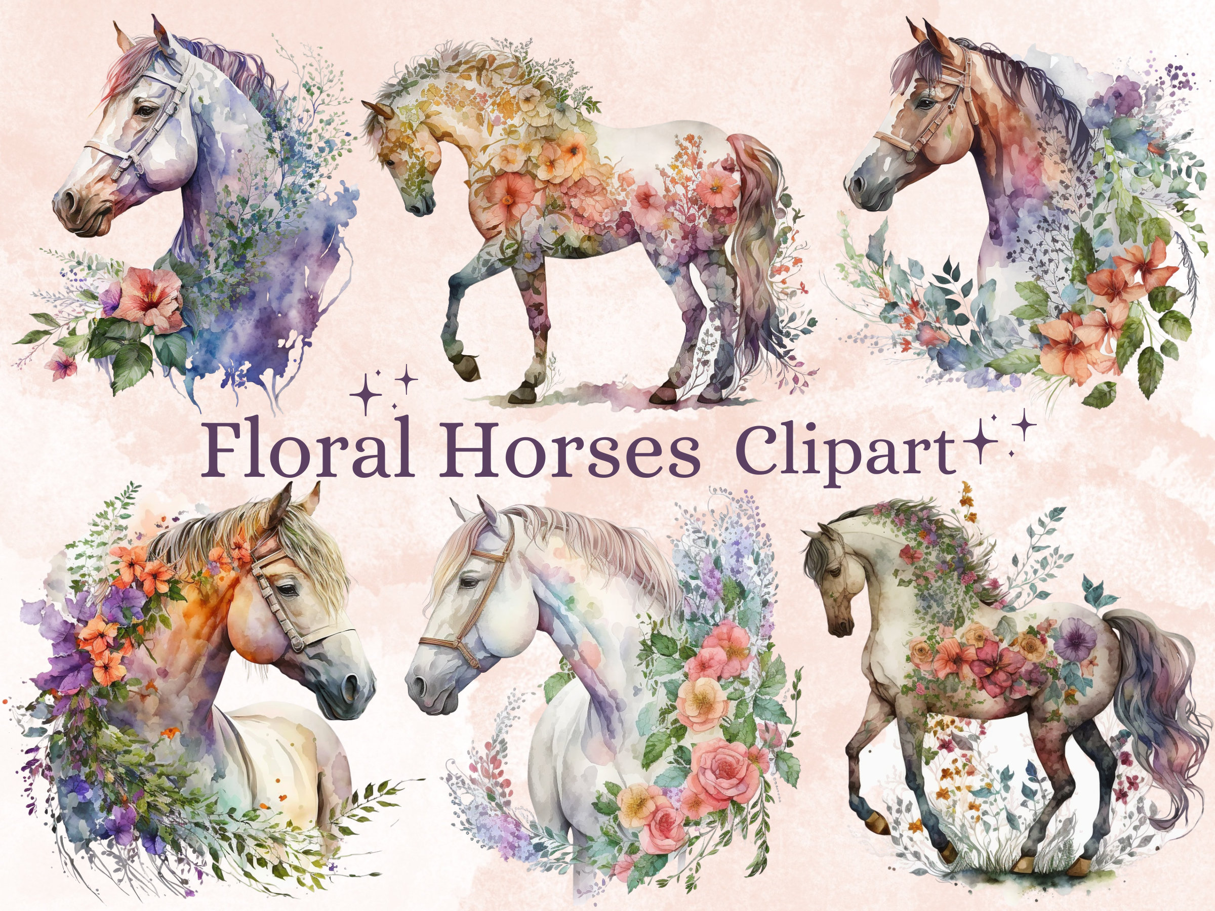 19 PNG Watercolor Floral Horse Clipart, Horse With Flowers PNG Bundle ...