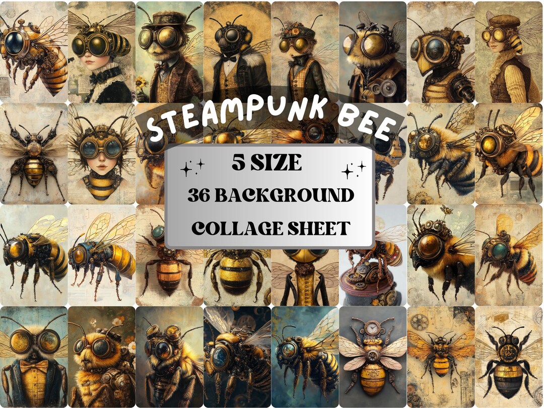 Steampunk Honey Bee Collage Paper, Surreal Steampunk Mixed Media Sheet ...