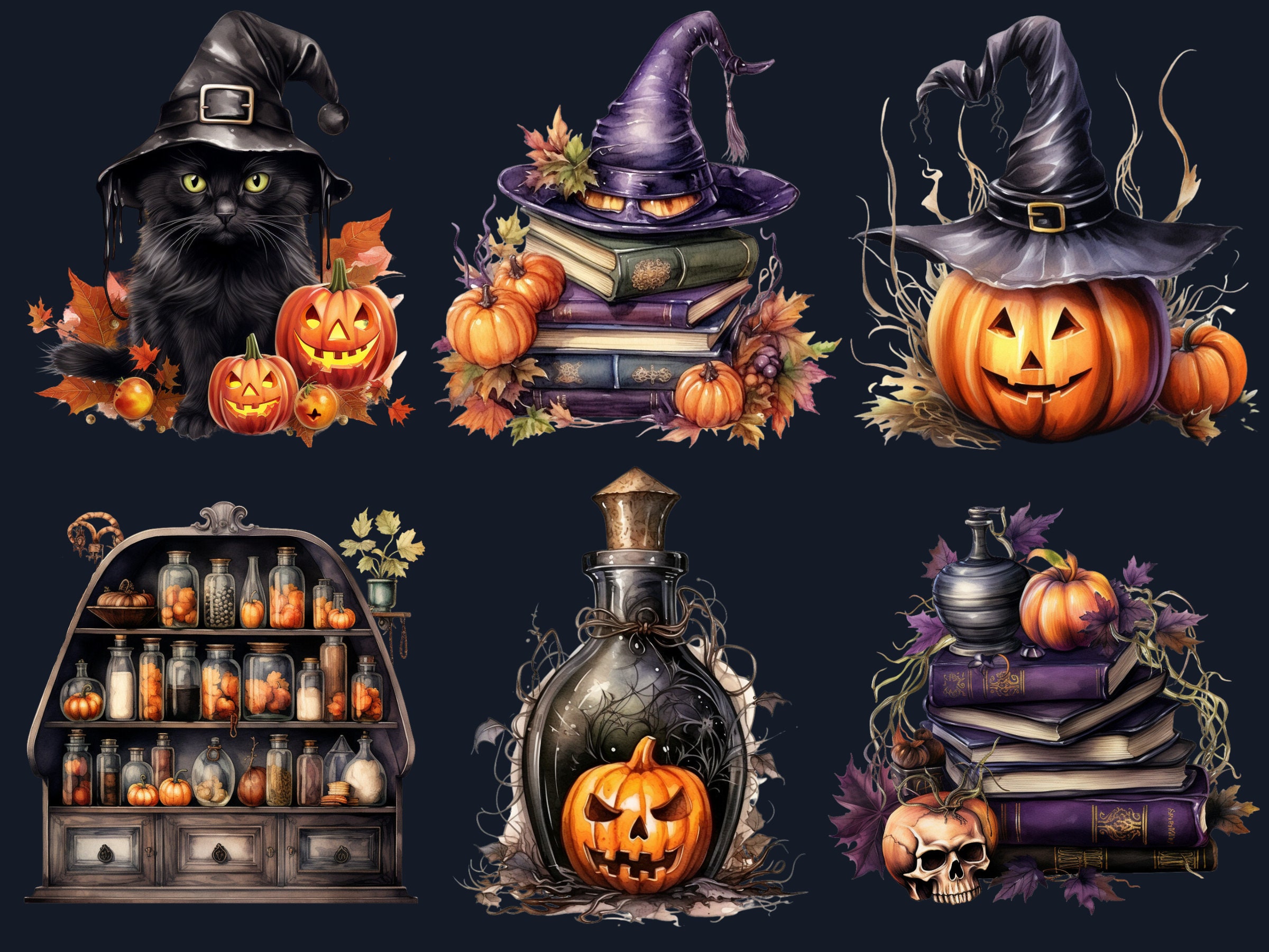 45 PNG Watercolour Halloween Witch Clipart, Pumpkin Witch Sisters ...
