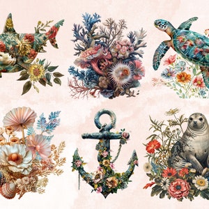 40 PNG Watercolor Vintage Under the Sea Clipart, Retro Ocean Floral ...
