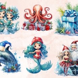 40 PNG Watercolour Christmas Mermaid Clipart, Christmas Underwater ...