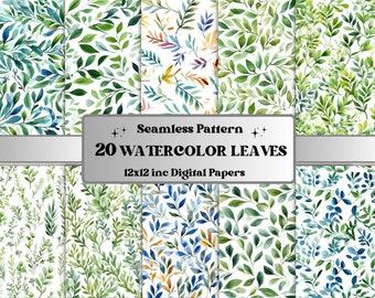 Seamless Watercolor Gentle Leaves Digital Paper, Green, Sage and Gold ...