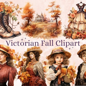 40 PNG Watercolor Victorian Fall Clipart Bundle, Vintage Rustic Autumn ...