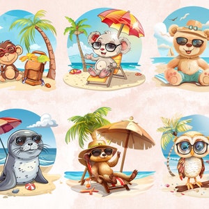 35 PNG Watercolor Cute Summer Animals Clipart, Tropical Summer Funny ...