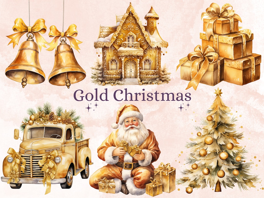 40 PNG Watercolour Gold Christmas Clipart, Golden Luxury Christmas ...