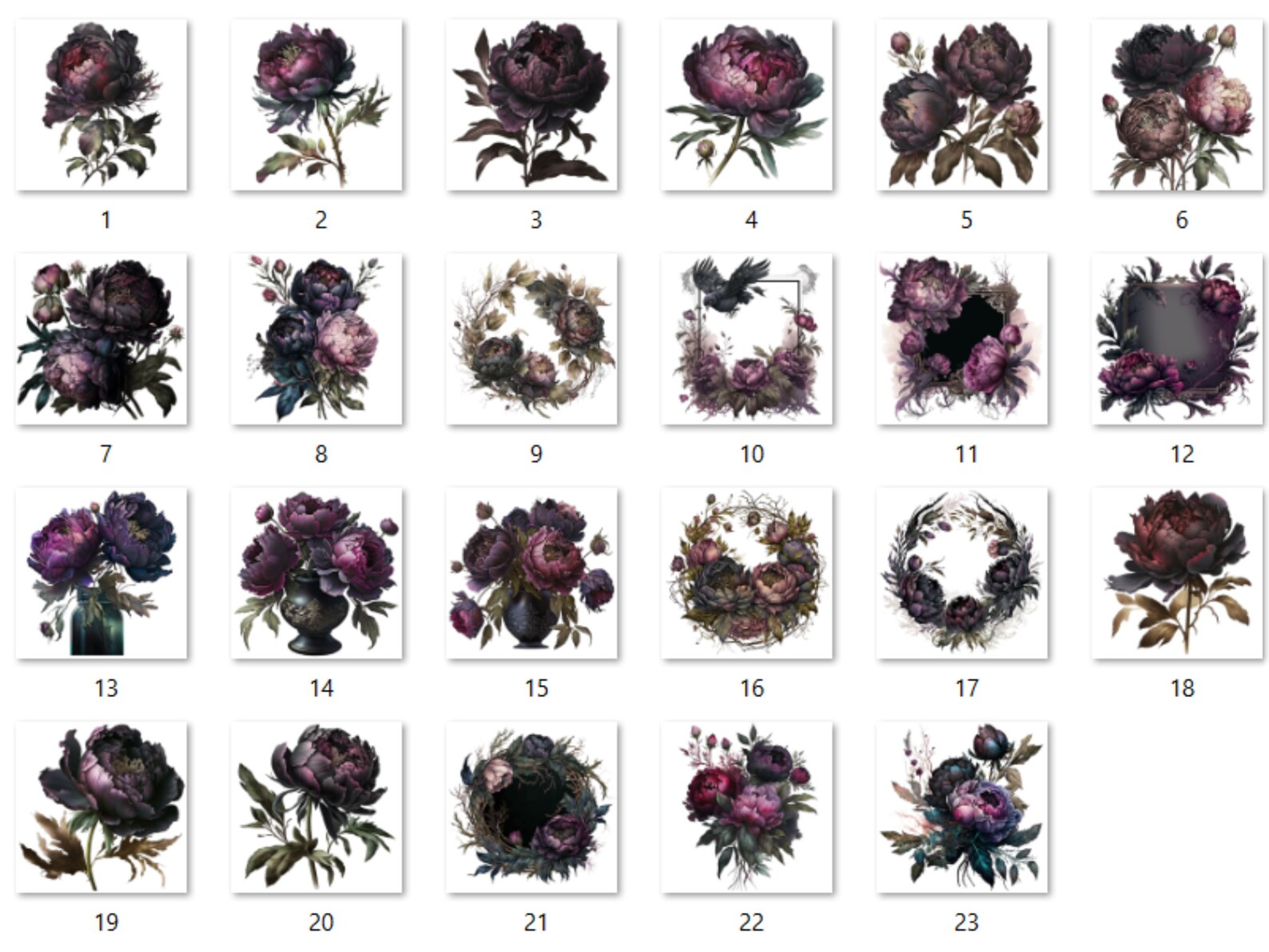 23 PNG Watercolour Gothic Peonies Clipart, Gothic Peony Clip Art Bundle ...
