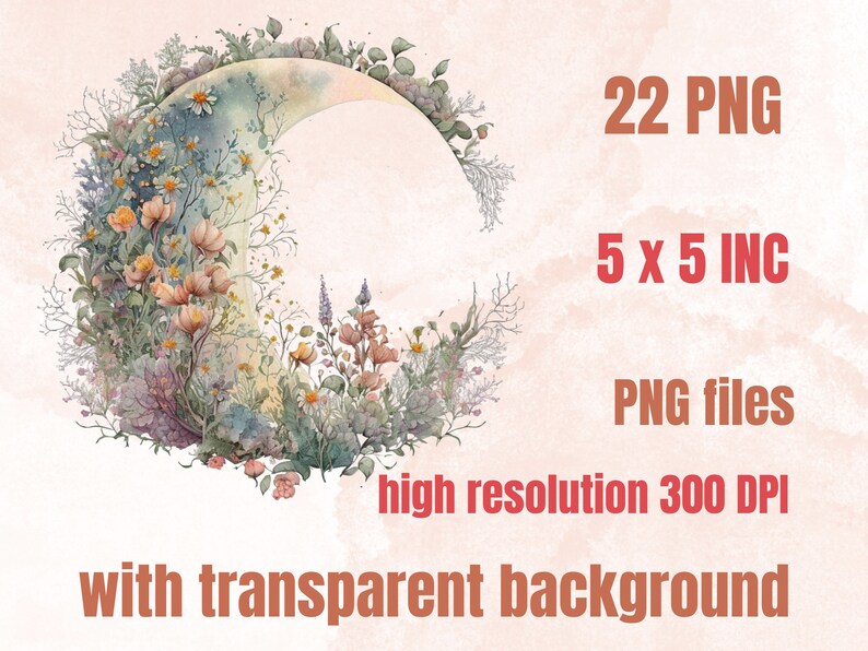 22 PNG Watercolor Floral Moons Clipart Floral Crescent Moons - Etsy