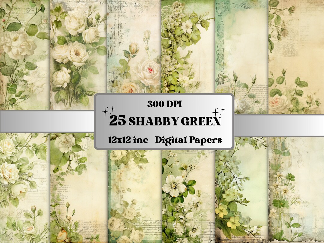 Green Shabby Chic Junk Journal Kit, Vintage Shabby Chic Ephemera Collage, Romantic Scrapbook ...