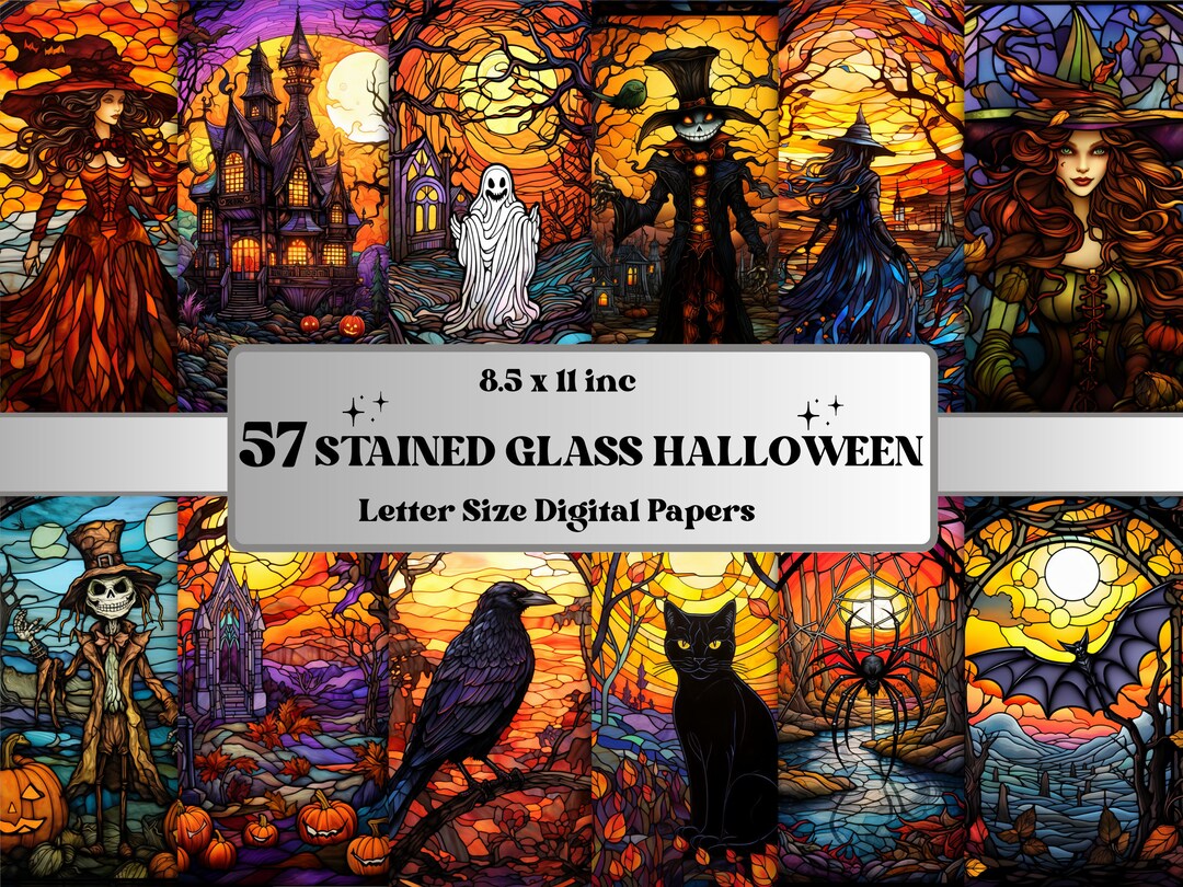 Printable Stained Glass Halloween Digital Paper, Haunted Mansion ...
