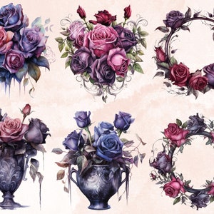 30 PNG Watercolor Gothic Roses Clipart Bundle, Dark Fantasy Roses PNG ...
