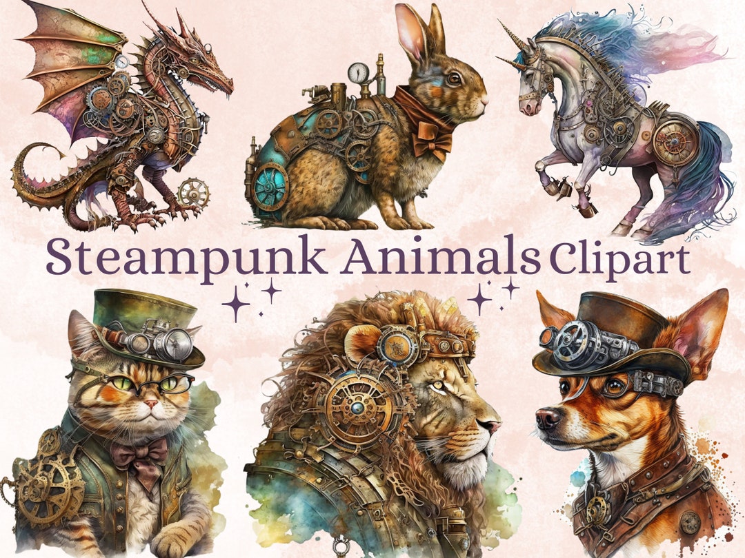32 Watercolor Steampunk Animals Clipart, Steampunk Animal Ephemera ...
